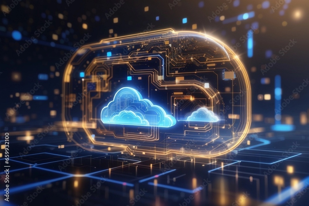 Digital informational technology web futuristic hologram with cloud icon, blue golden light ...