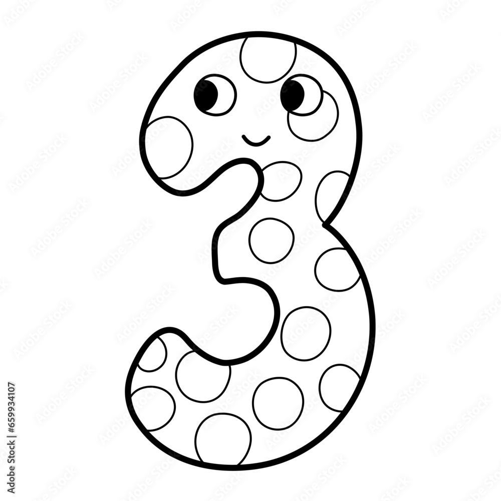 Cute Number Three Character For Kids In Outline Leaning Numbers For