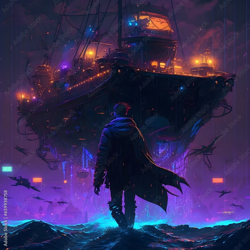 Cyberpunk sailor sailing his pirate ship through choppy waters through ...