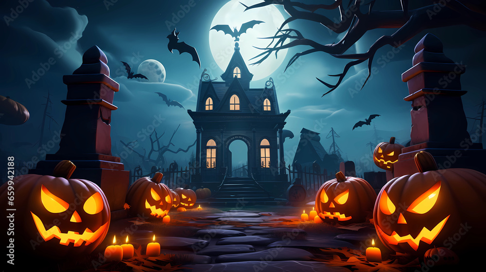 A spooky Halloween-themed lobby background featuring pumpkins and a ...