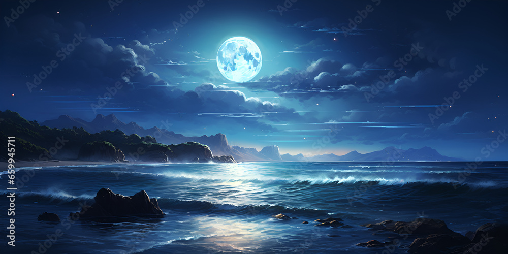 Full moon over the peaceful sea,Night sky with full moon over water ...
