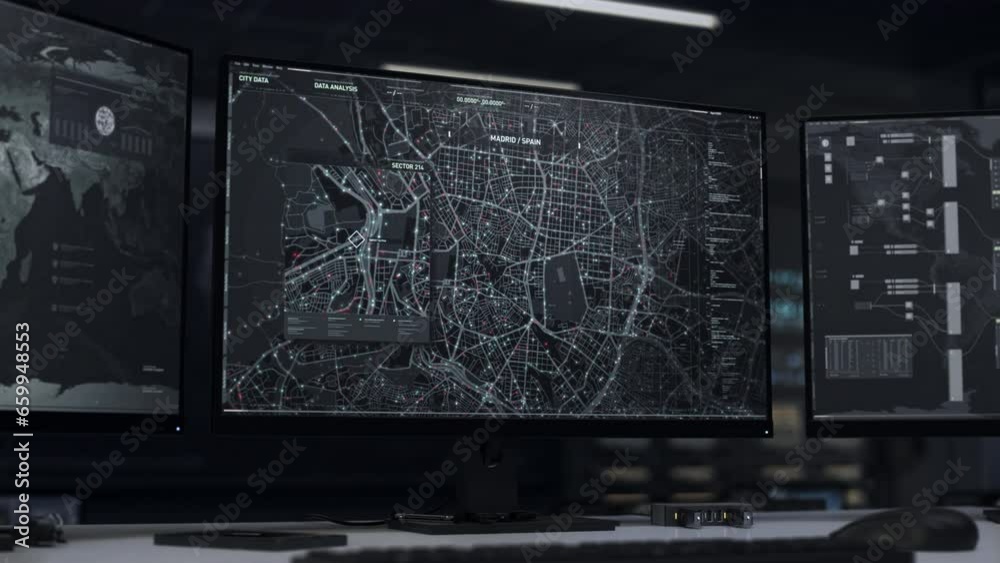 Futuristic detection tech interface examining the night city map ...