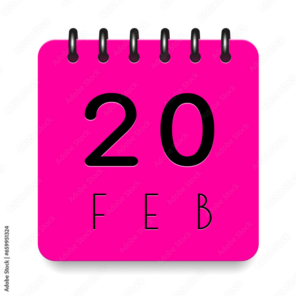 20 day of the month. February. Pink calendar daily icon. Black letters ...