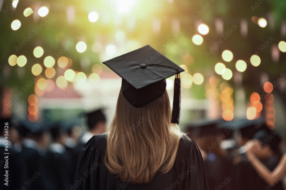 Rear view of university graduates wearing graduation gown and cap in ...