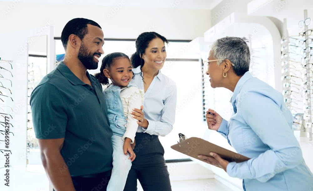 Family, optometry and eye care with a woman optometrist in a clinic to ...