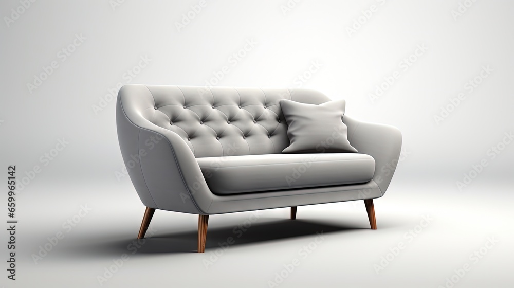 3d render of a 3d model of a gray small sofa with black legs isolated ...