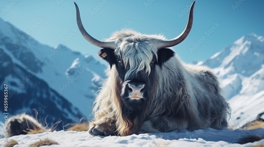 White & black yak in alpine mountains. Himalayan big yak in beautiful ...