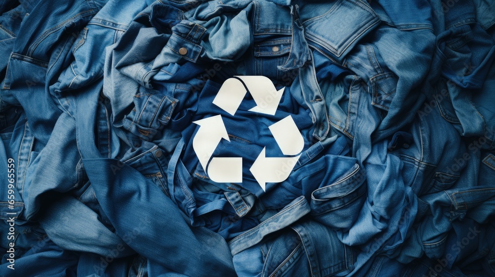 Recycled blue jeans with a clothing label. Circular economy principle ...