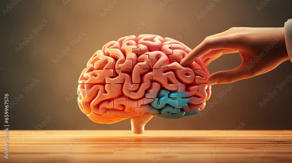 A psychologist is holding human brain and puzzle. Problem solving, help ...