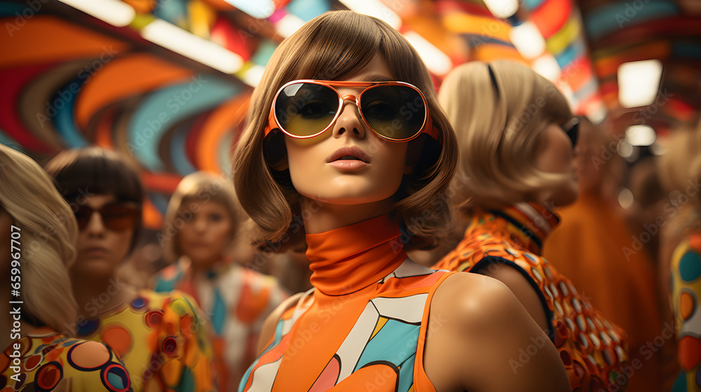 1960s groovy psychedelic mod group or retro girls in iconic chic style ...