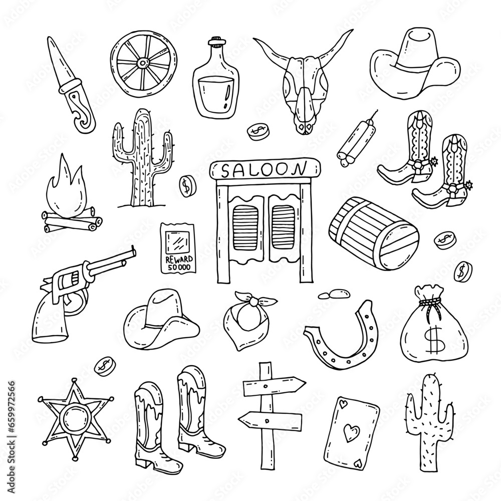 Set wild west, western. Hat, cow skull, revolver, cactus, saloon ...