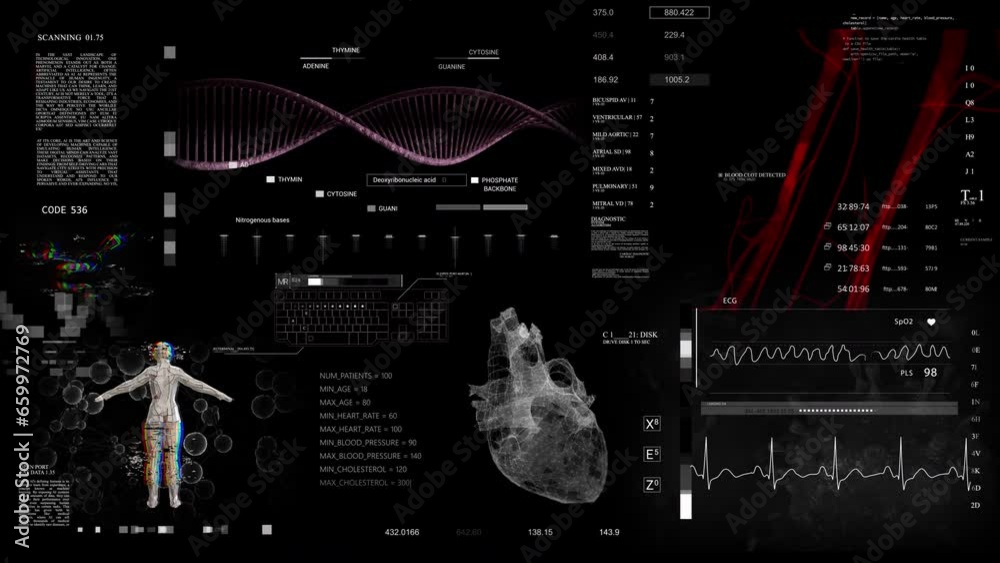 Medical HUD Analyzing cardiac diagnosis.DNA. Heard rate monitor ...