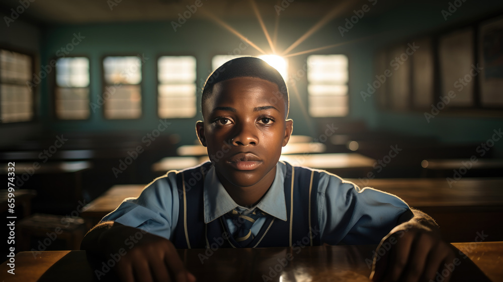 student with school uniform studying at a desk in a school classroom ...