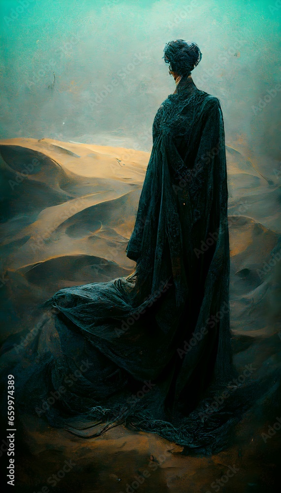 portrait2 of the sandman with teal hair and long robes sand dunes and ...