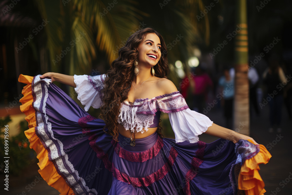 Mexican woman in traditional Mexican attire performing a traditional ...