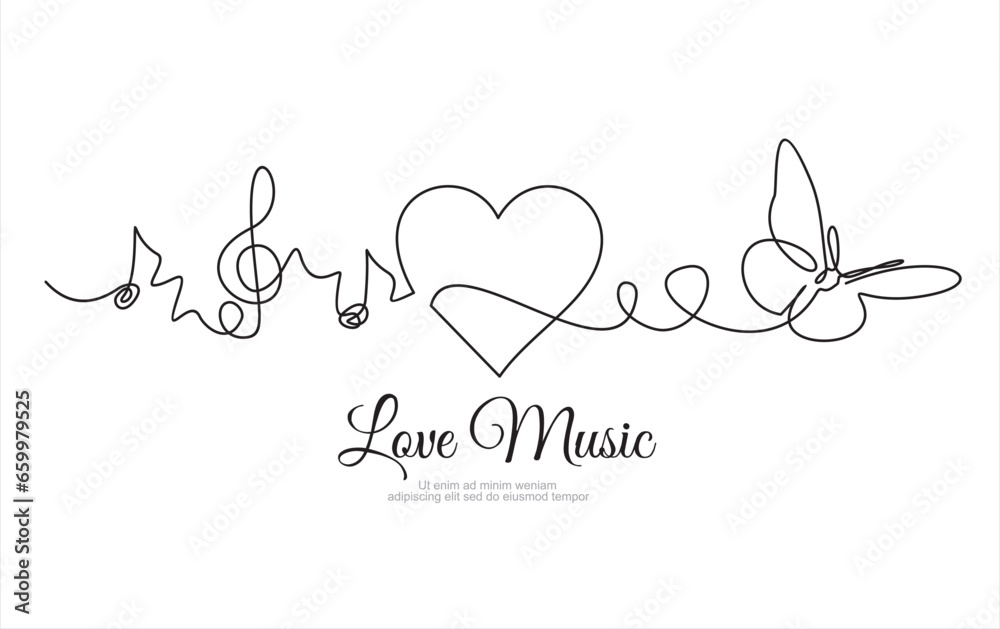 continuous line drawing of listening music wuth sound heart, notes and ...