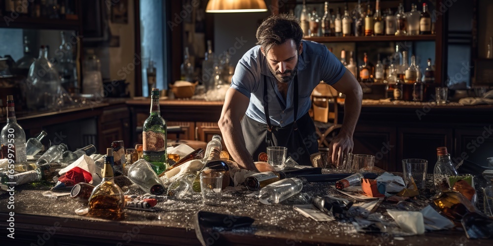 Bartender cleaning up after last call, weariness evident in every ...