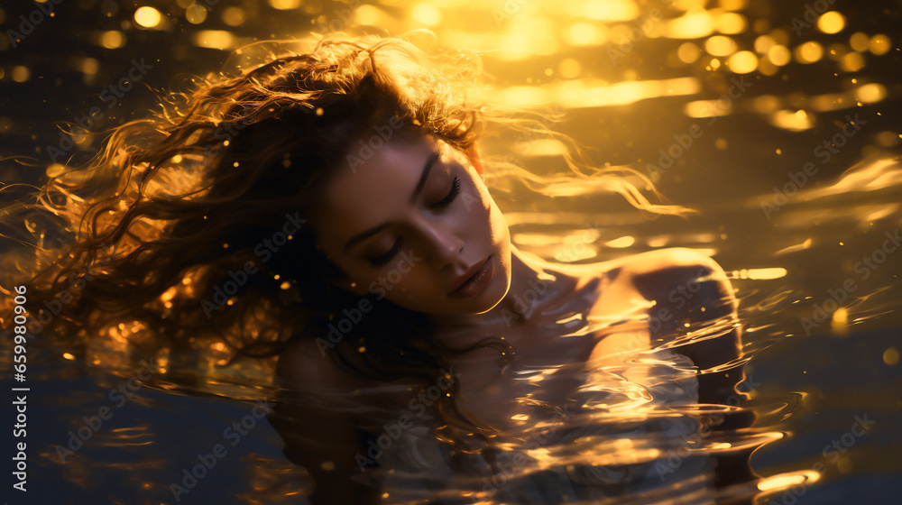 Surrealistic portrait of a woman with long floating hair in a space ...