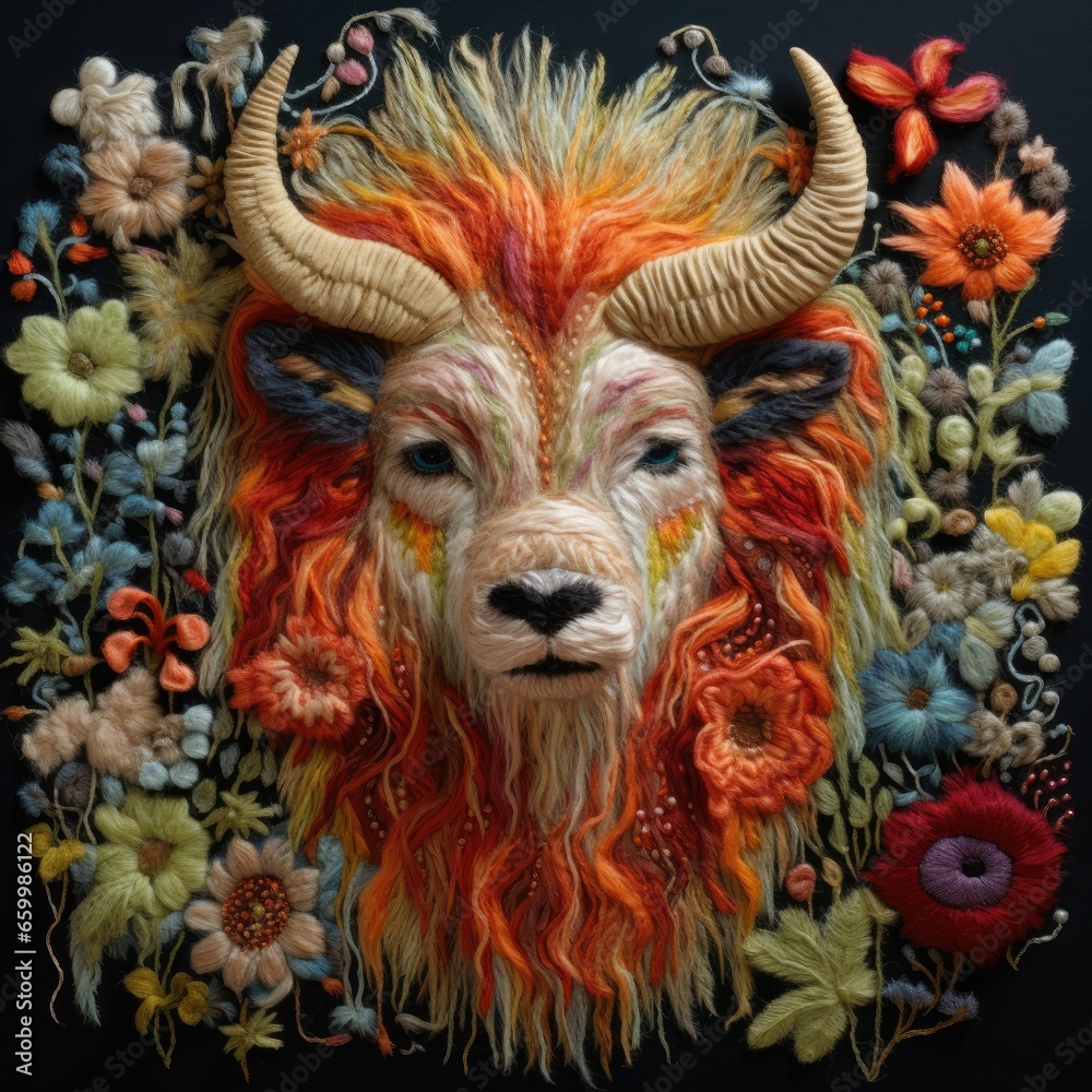 A goat with horns sewn on a rug. Embroidery design. Pattern for a ...