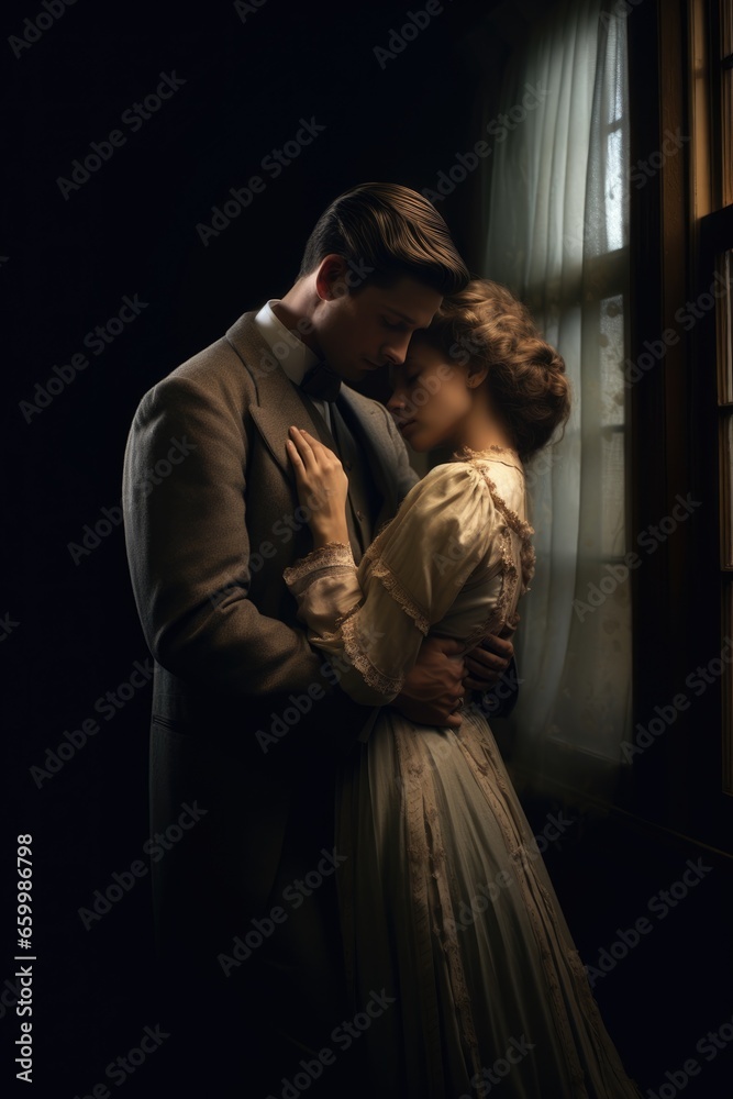 Elegant Victorian Couple. Slicked-Back Style, Classic Noir Embrace ...