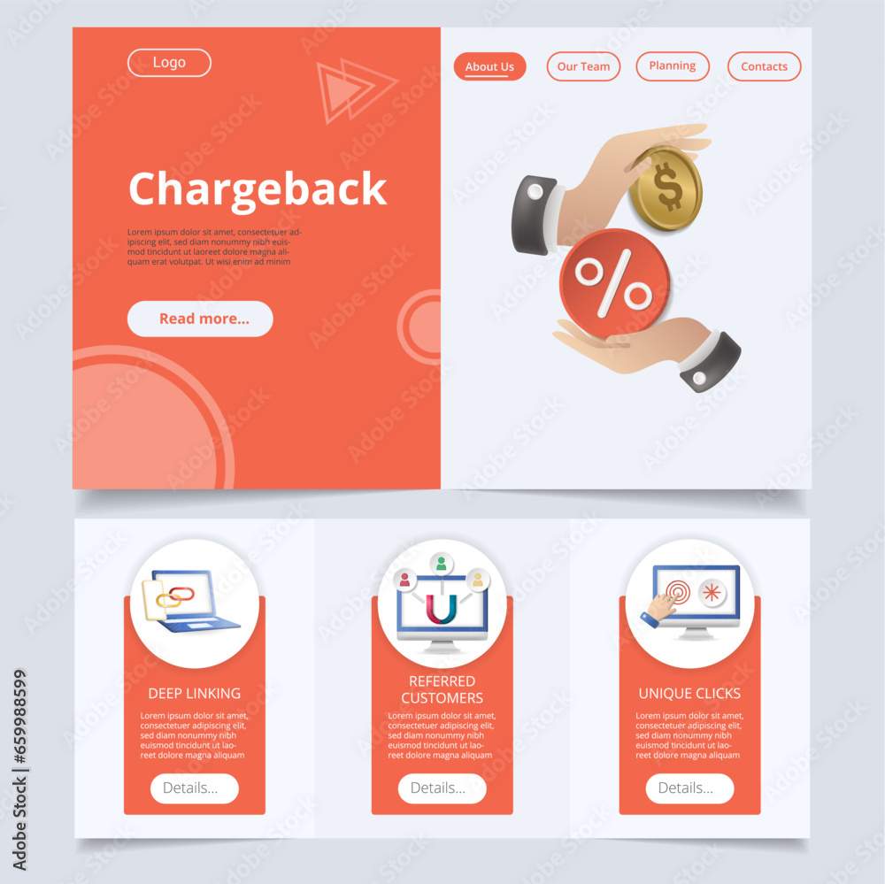Chargeback flat landing page website template. Deep linking, reffered ...