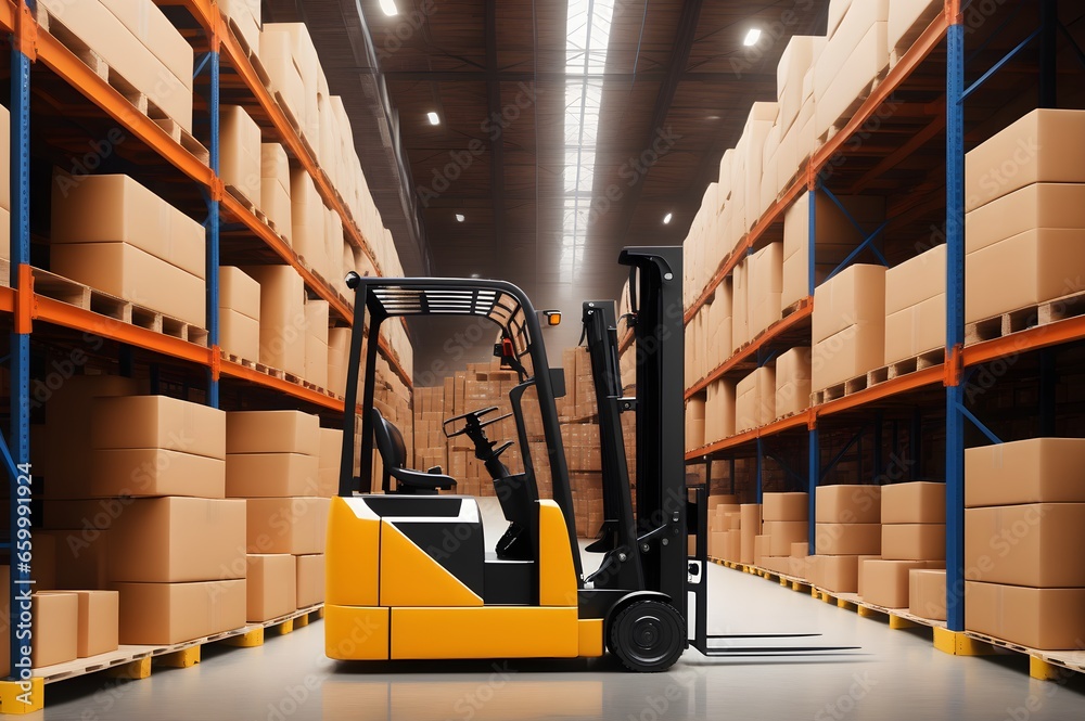 Forklift truck in warehouse. Logistics and distribution center for ...