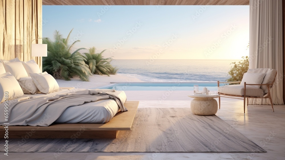 Illustrate a coastal-inspired luxury bedroom with a 3D background view ...