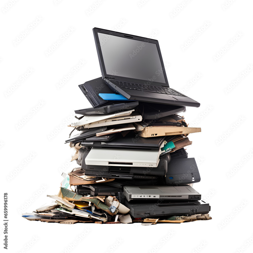 Pile of electronic waste such as mobile phones, notebook computers and ...