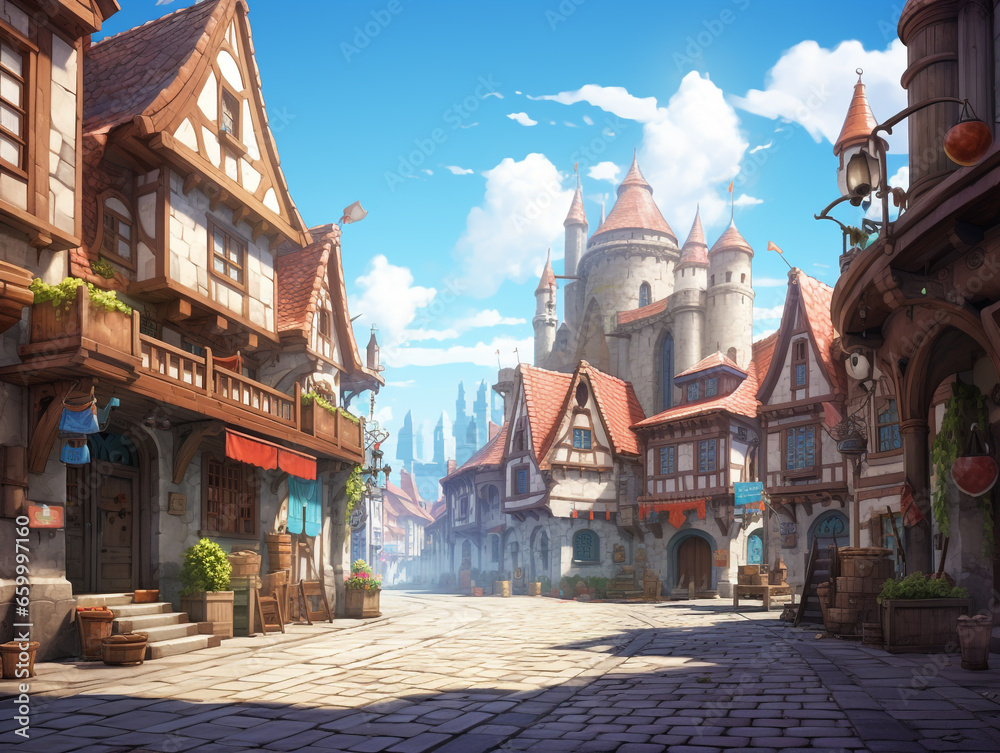Cartoon fairy tale town with wooden houses, fairytale illustration. A ...