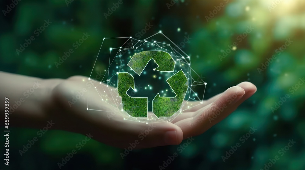 The hands holding the Earth and the icon of reuse reduce recycle and ...