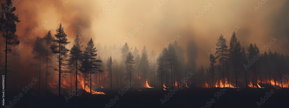 silhouette of a forest in the smoke of a fire, a ravaging blaze ...