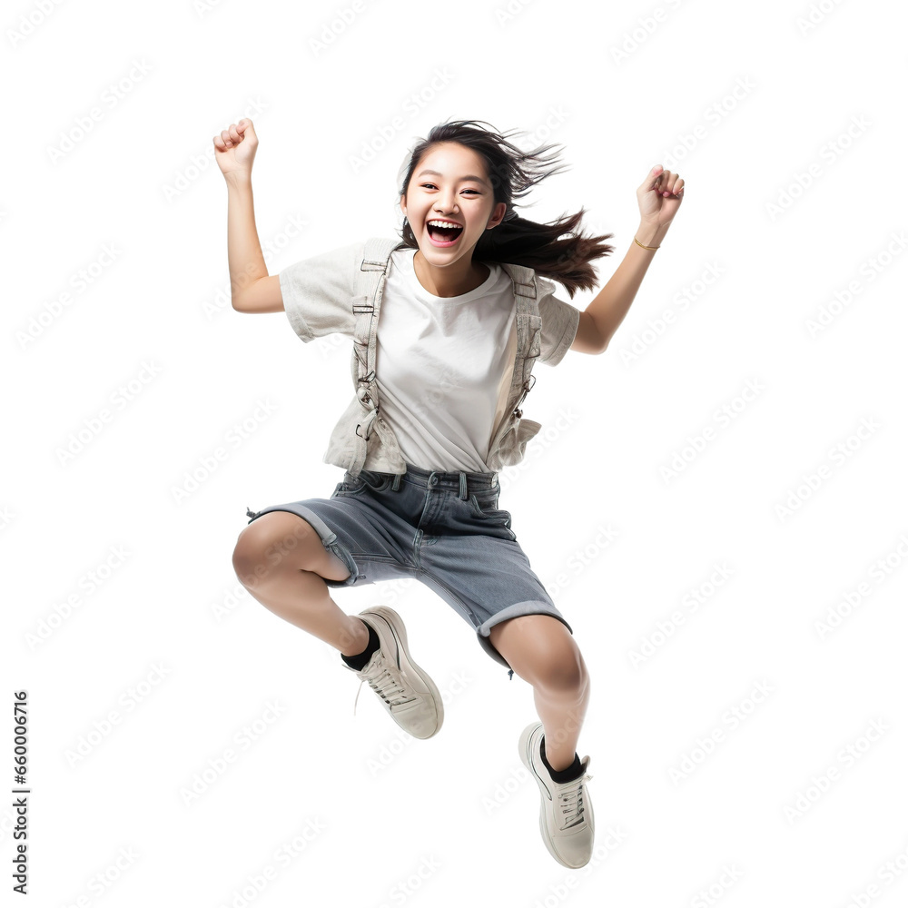 Asian young woman jumping isolated on white or transparent background ...