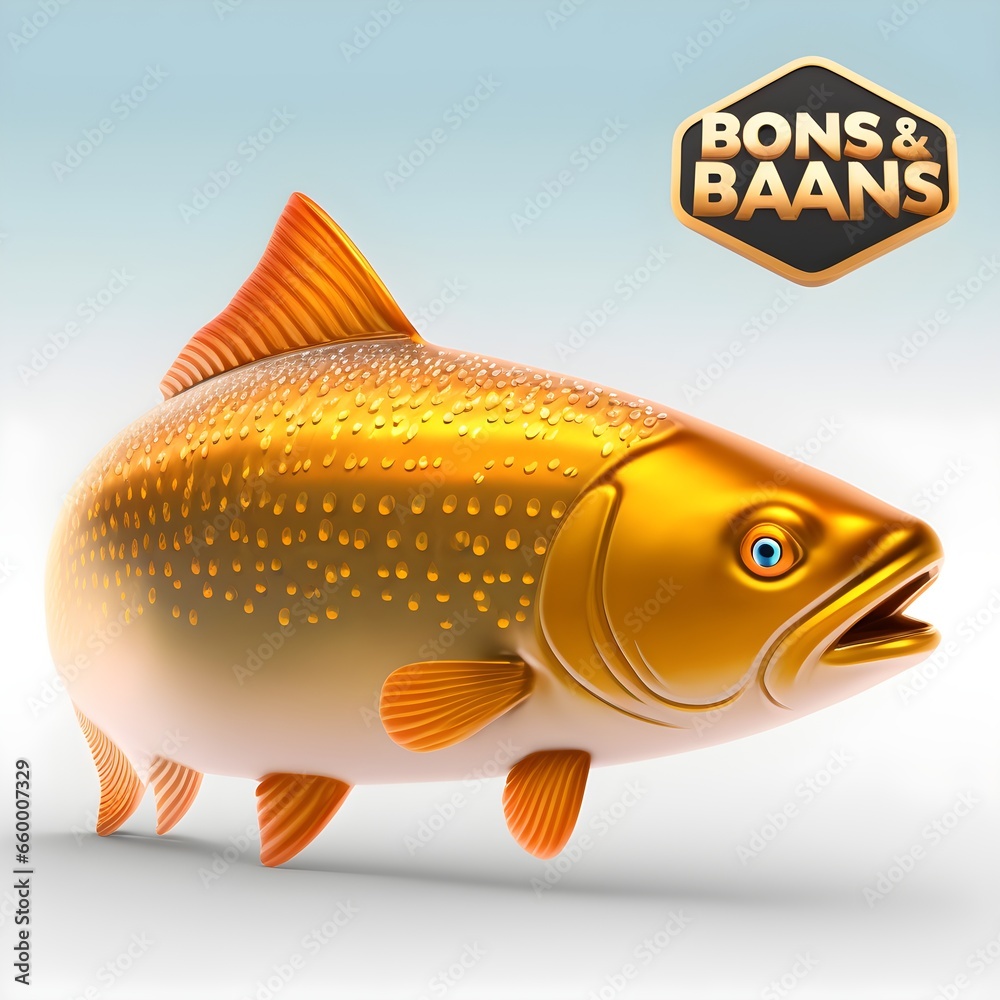 Pixar style fish Salmon fish gold material shiny isolated side view ...