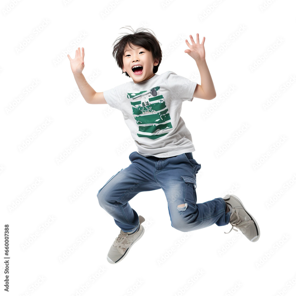 Asian happy boy jumping isolated on white or transparent background. AI ...