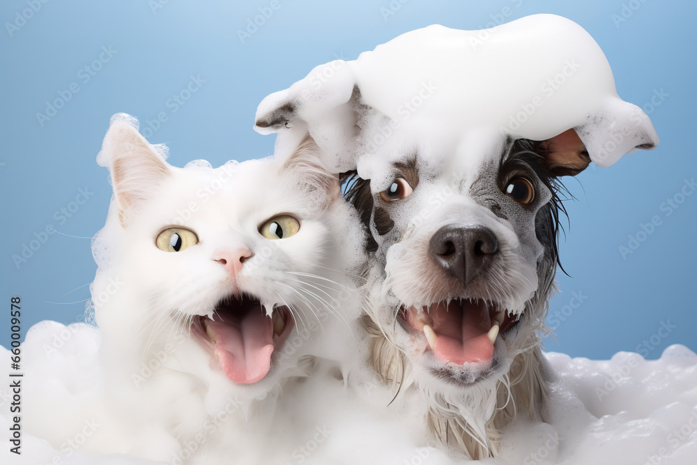 Smiling wet puppy dog and fluffy cat taking bath with soap bubble foam ...