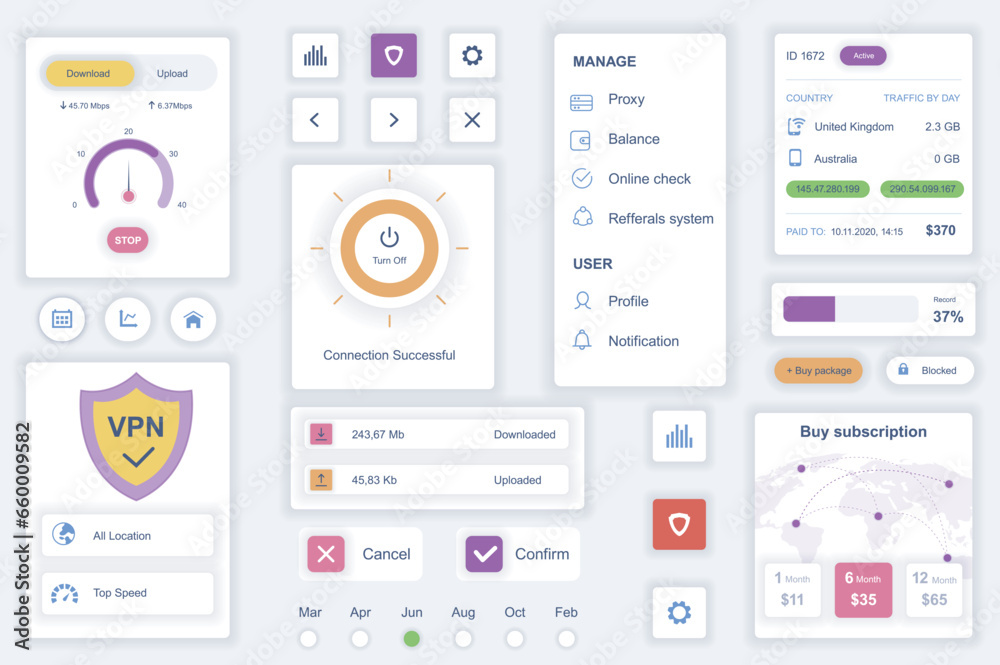 User Interface Elements Set For Cyber Security Mobile App Kit Template With Hud Diagrams Vpn
