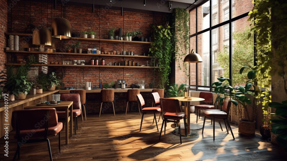 Modern cafe design interior with a brick wall. Loft design. Coffee shop ...