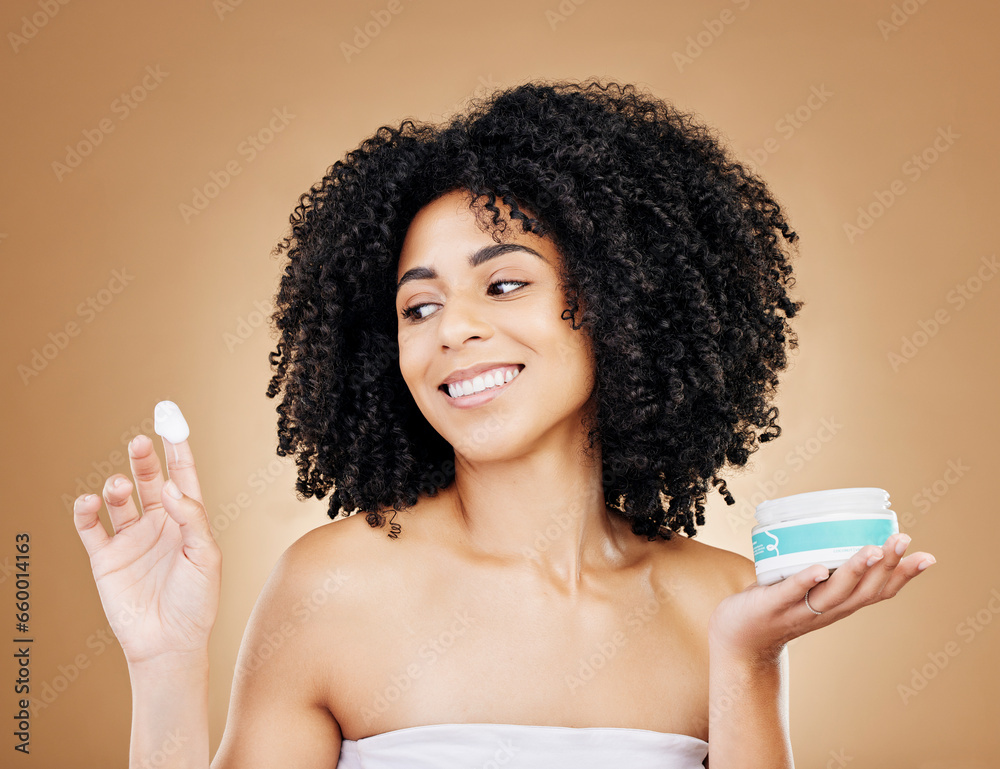 Studio beauty, face and happy woman with cream treatment, sunscreen ...