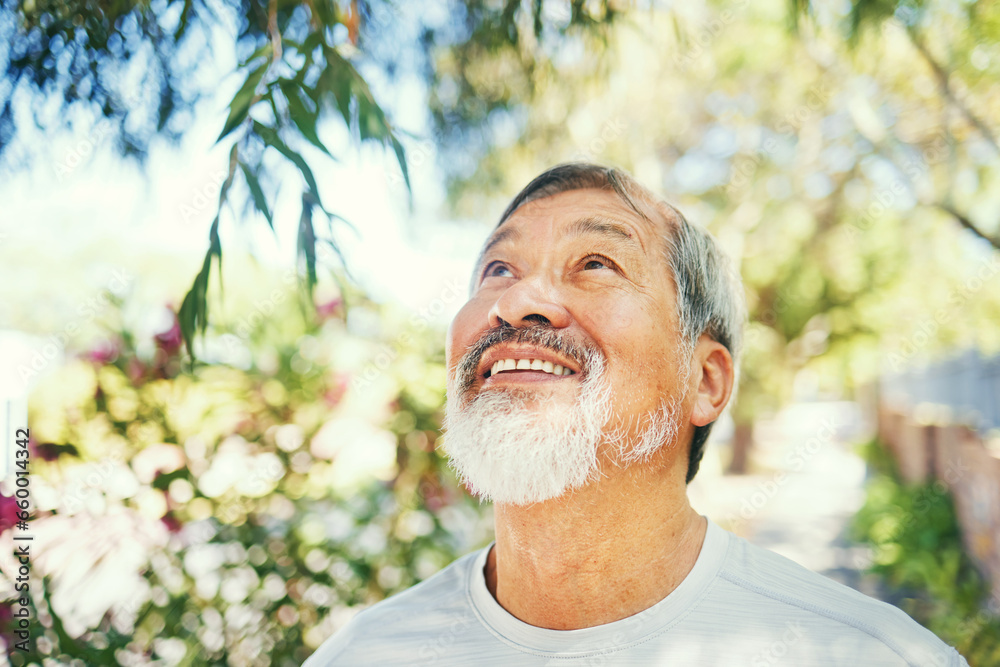 Smile, calm and senior man in nature breathing for fresh air, peaceful ...