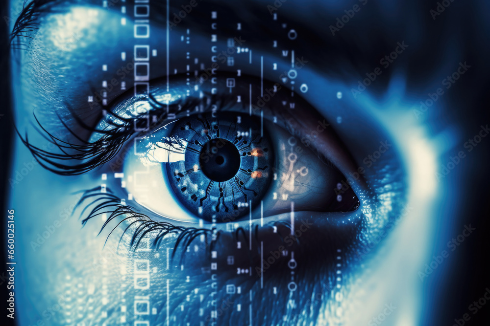 Female cyber eye. Futuristic bionic technology. Digital human eye model ...
