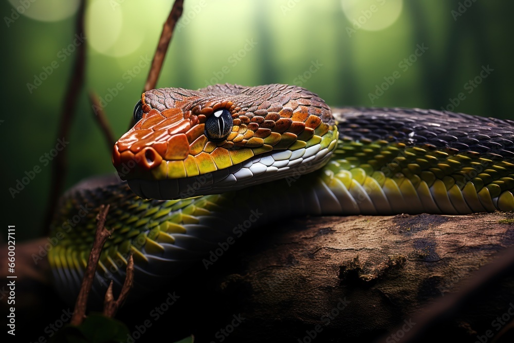 coiled viper snake on a branch in the jungle, sumatra, Stock Photo ...