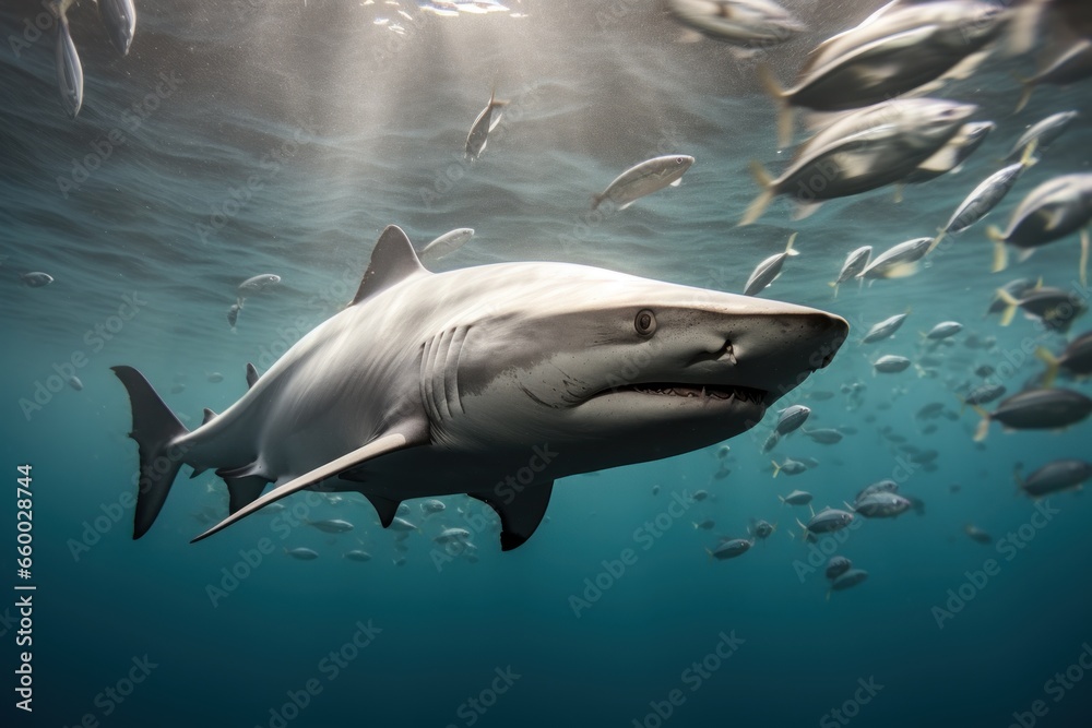 silkie shark at jardines de la reina , with fishes swimming for ...