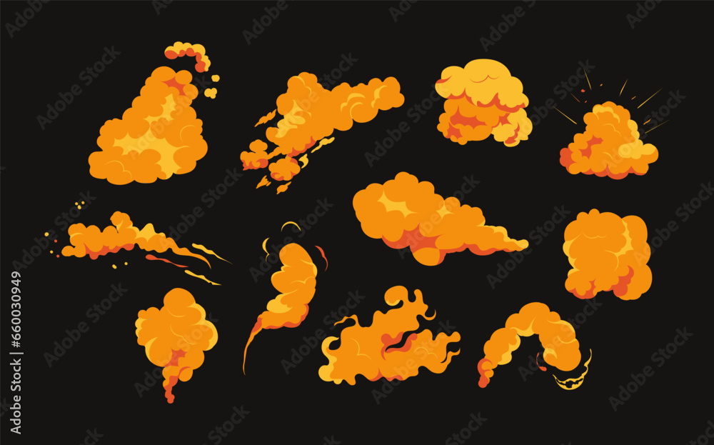 Smoke explosion animation of an explosion with comic flying clouds. Set ...
