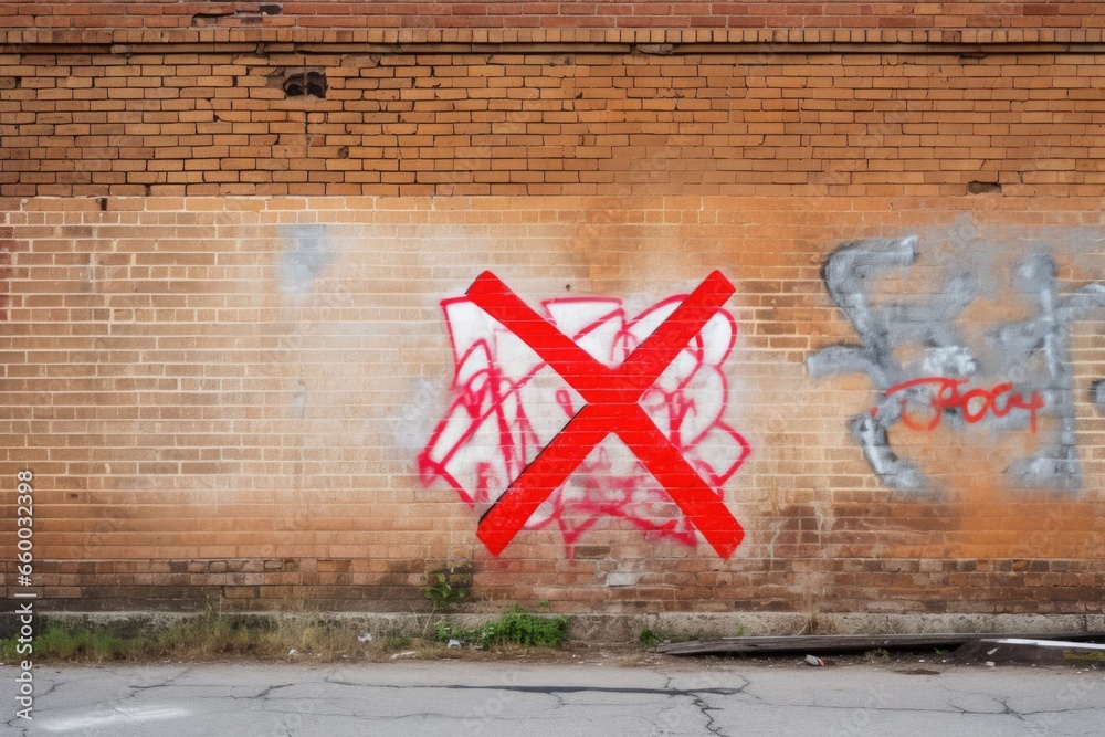 graffiti crossed out with a red line on a brick wall Stock Photo ...