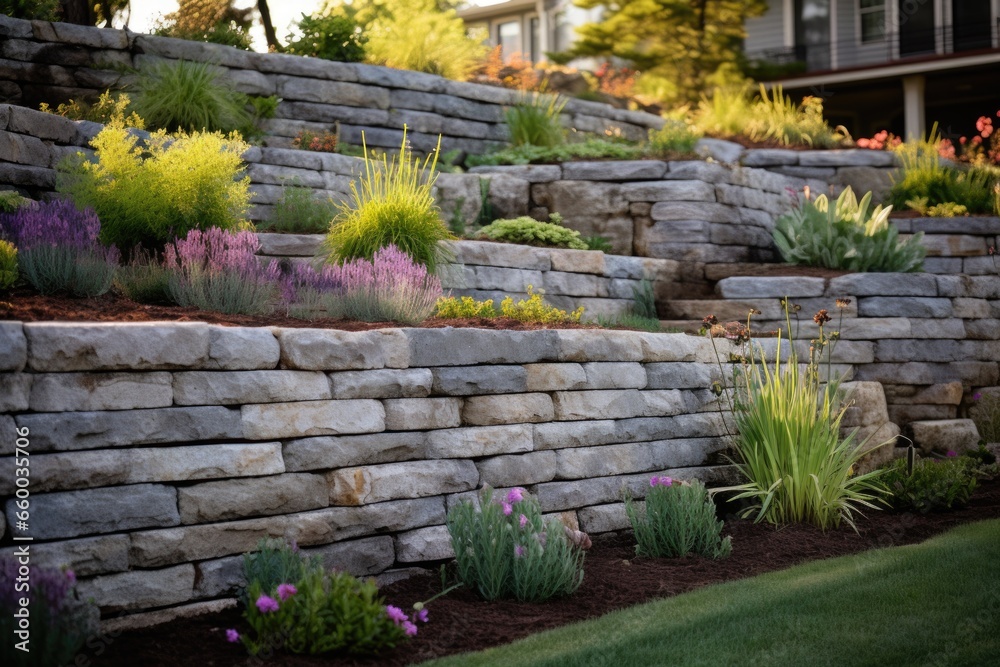 stacked retaining stone walls featuring a variety of plants Stock Photo ...