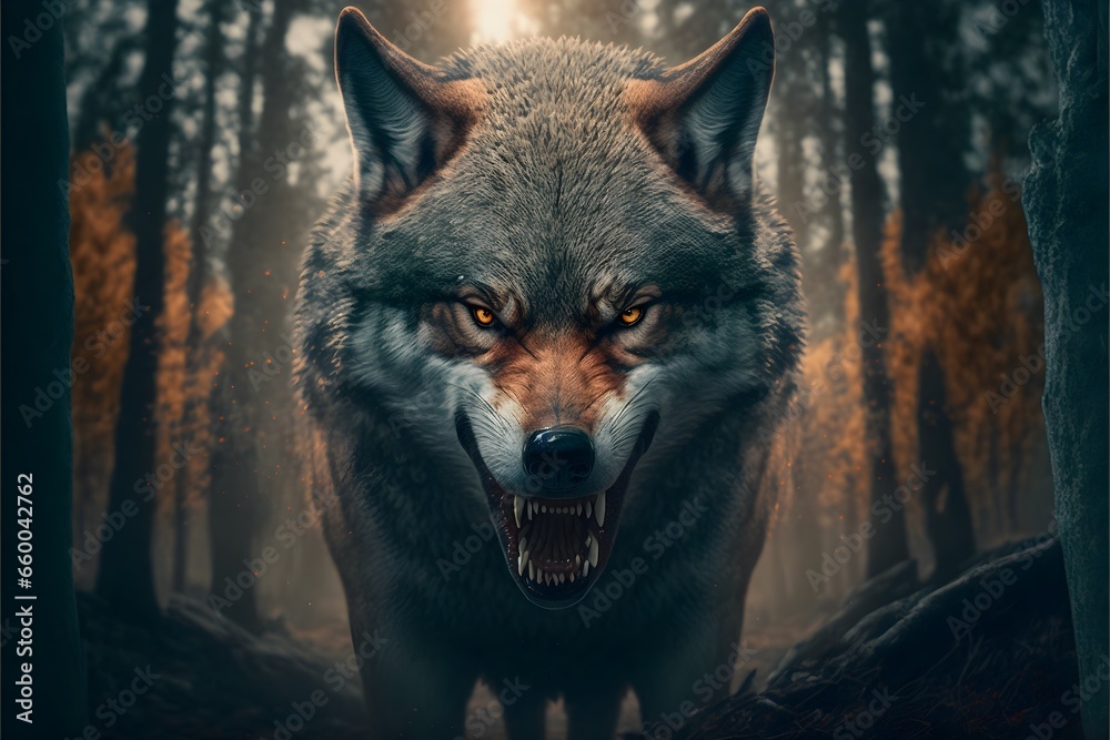 Angry Wolf in the forest cinema style dramatic scene ray tracing ...