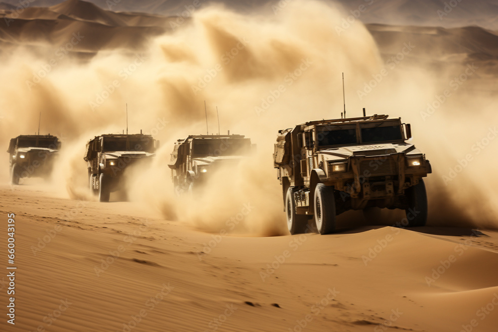Against a backdrop of rolling sand dunes, a line of military Humvees ...