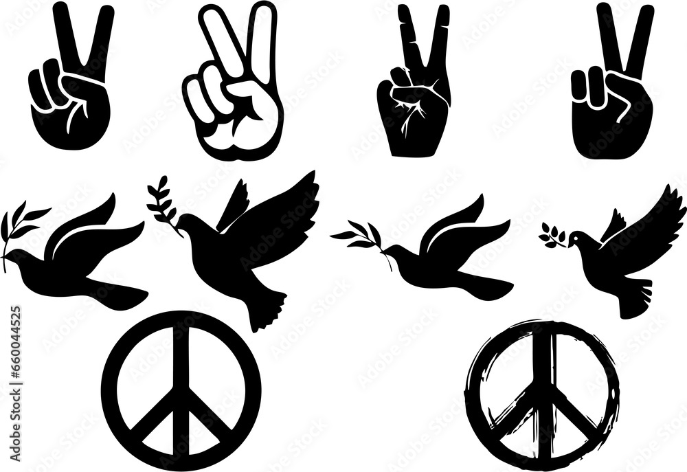 Ilustração do Stock: Peace sign and symbol icons like peace dove, hand ...