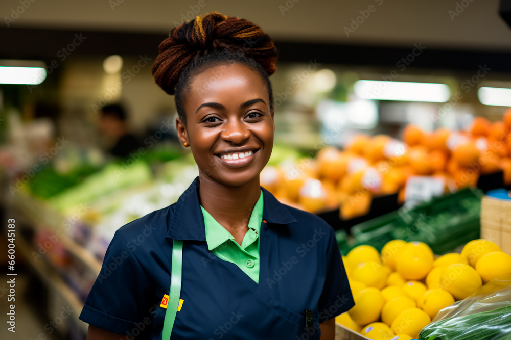 Beautiful female supermarket worker on a background of fresh vegetables ...