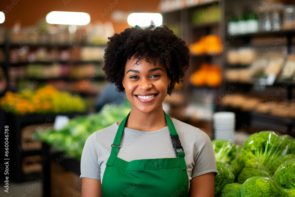 Beautiful female supermarket worker on a background of fresh vegetables ...